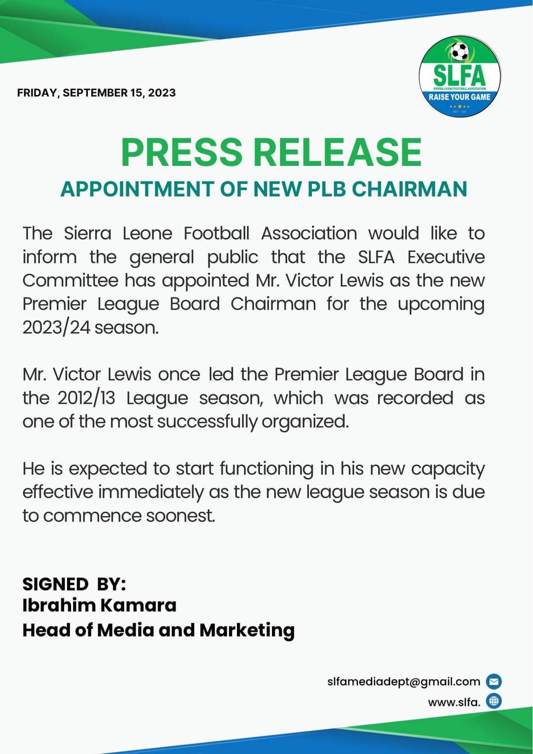 SLFA Announces Appointment Of Victor Lewis As Premier League Board ...