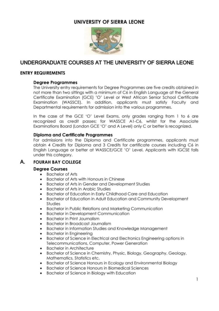 Entry Requirements For Various Courses At The University Of Sierra ...