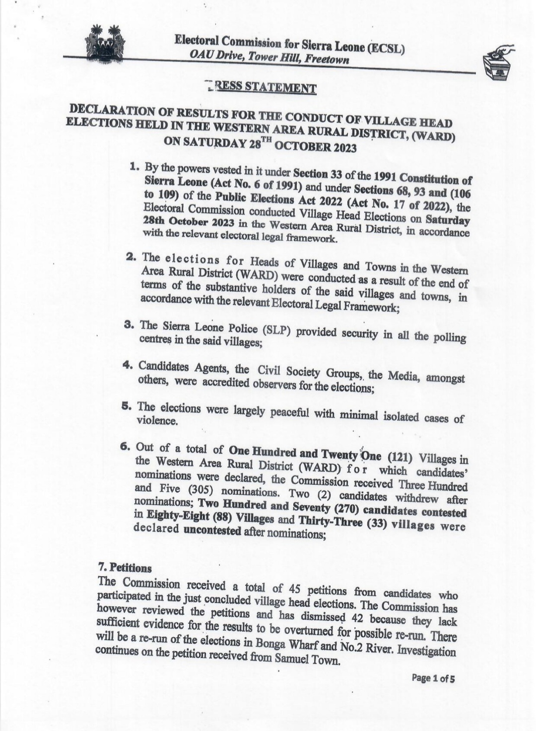 ECSL Announces Results Of Village Head Elections In Western Area Rural ...