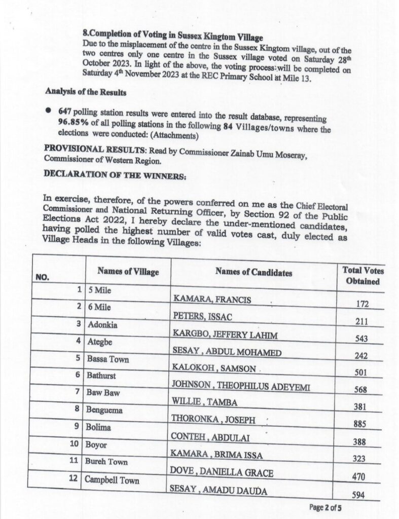 ECSL Announces Results Of Village Head Elections In Western Area Rural ...