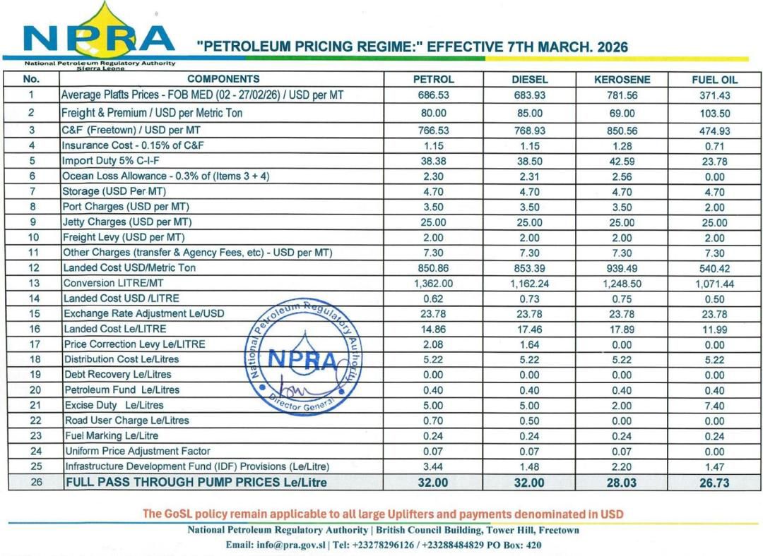NPRA Announces New Fuel Prices | Sierra Leone Monitor